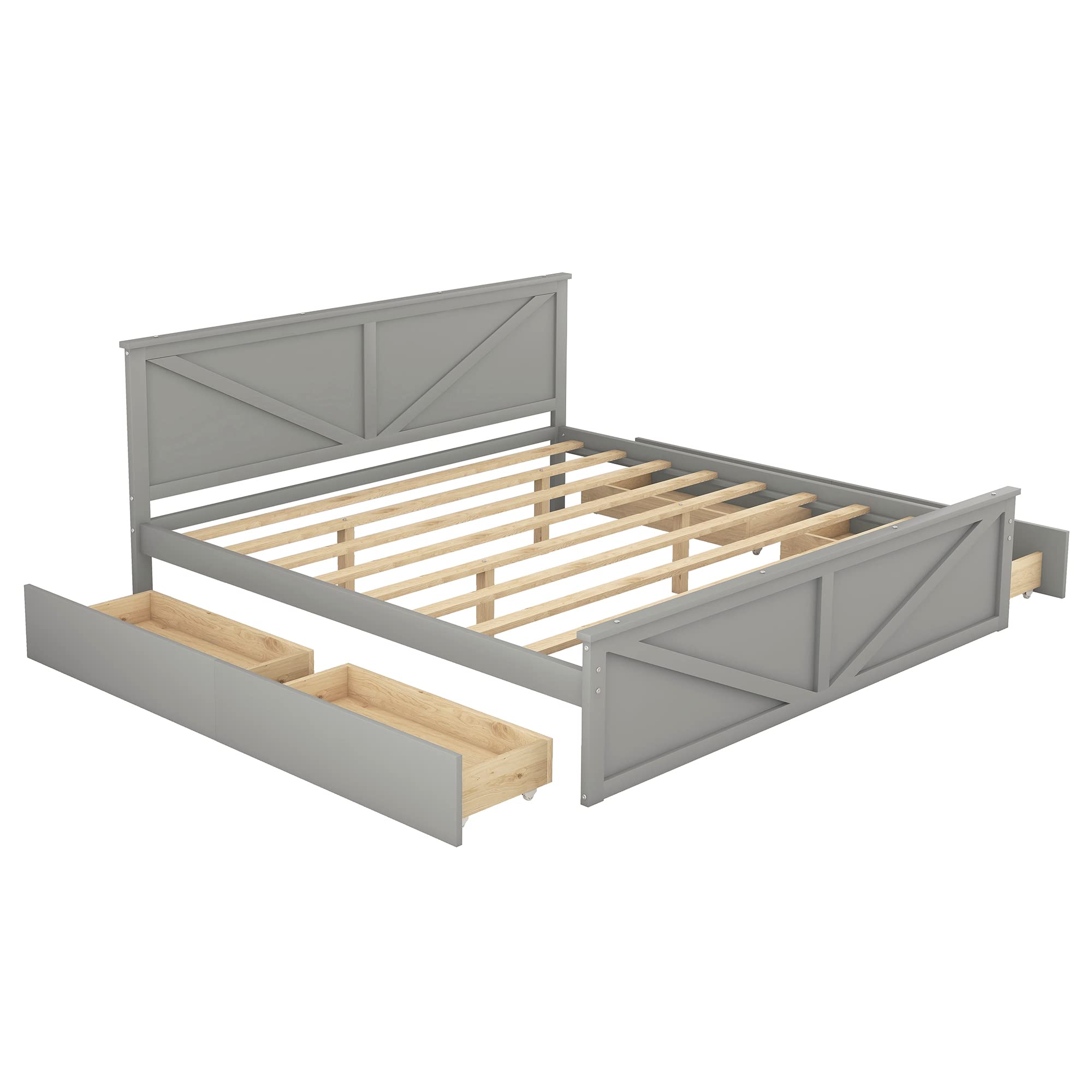 BIADNBZ King Size Wooden Platform Bed Frame with Headboard,Four Storage Drawers and Support Legs for Bedroom Guest Room,No Box Spring Needed,Gray
