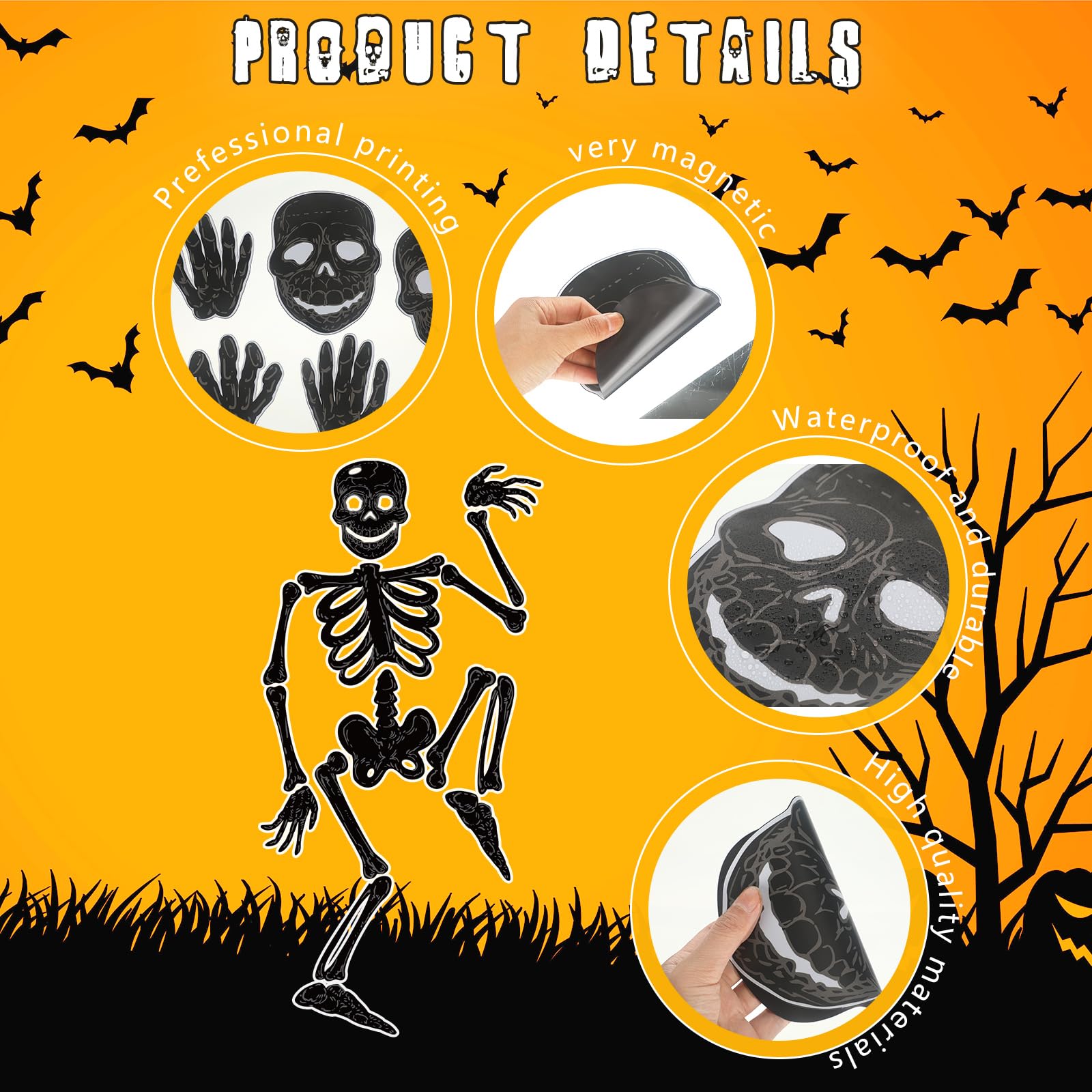Bememo Halloween Skeleton Garage Door Magnets 42.9 Inches Dancing Skeleton Skull Magnetic Sticker Decor Black Large DIY Garage Magnets for Halloween Party Home Door Car Dishwasher Decor