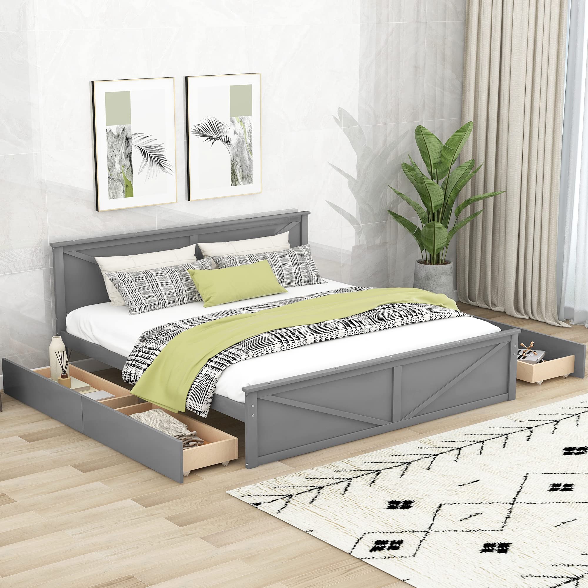 BIADNBZ King Size Wooden Platform Bed Frame with Headboard,Four Storage Drawers and Support Legs for Bedroom Guest Room,No Box Spring Needed,Gray