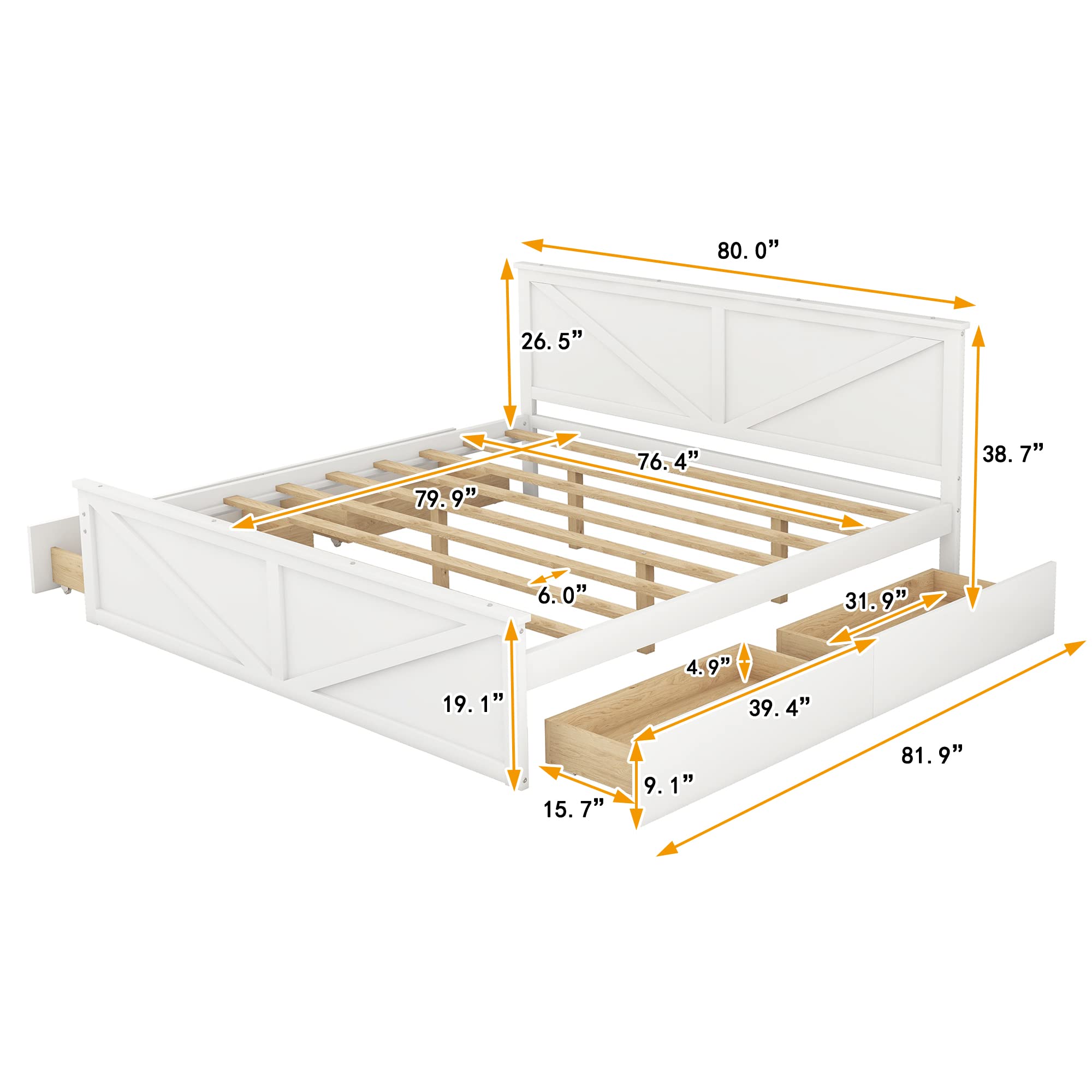 BIADNBZ King Size Wooden Platform Bed Frame with Headboard,Four Storage Drawers and Support Legs for Bedroom Guest Room,No Box Spring Needed,White