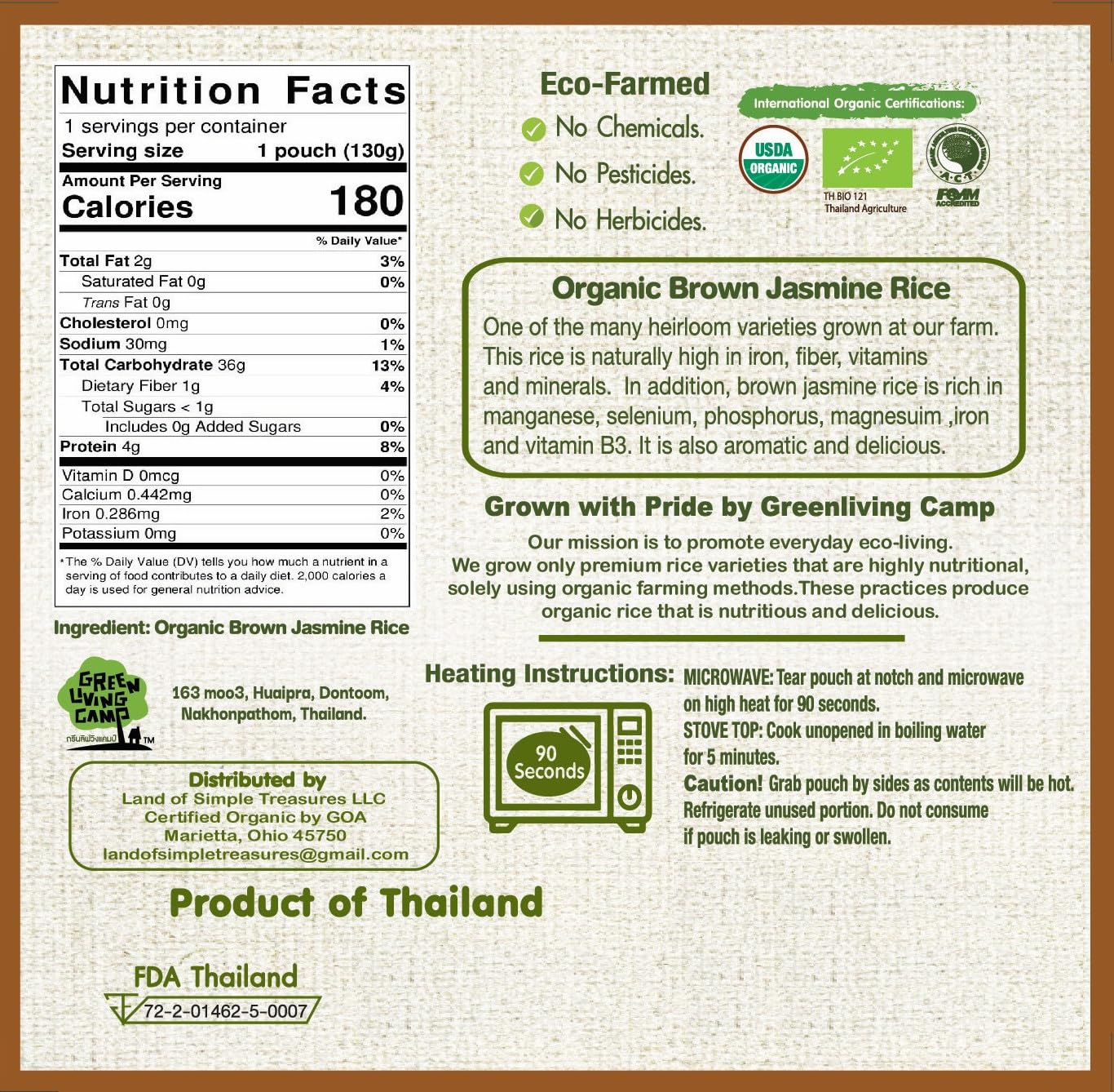 Organic Thai Jasmine Microwavable Cooked Brown Rice - Gluten-free - Vegan Healthy Ready to Eat 6 x 4.6 OZ Pouch (Brown Rice 6 Pouches)