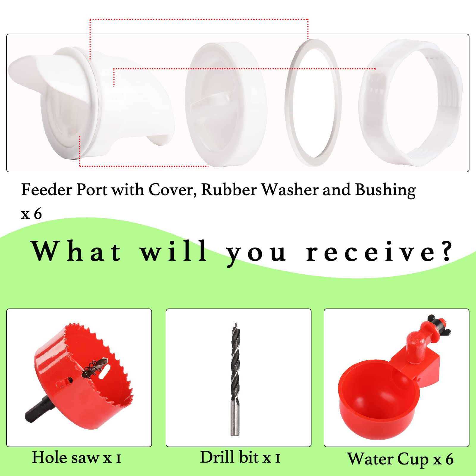 Chicken Feeder and Waterer Kit, 6 PCS Poultry Feeders No Waste and Chicken Water Cups for Buckets Barrels