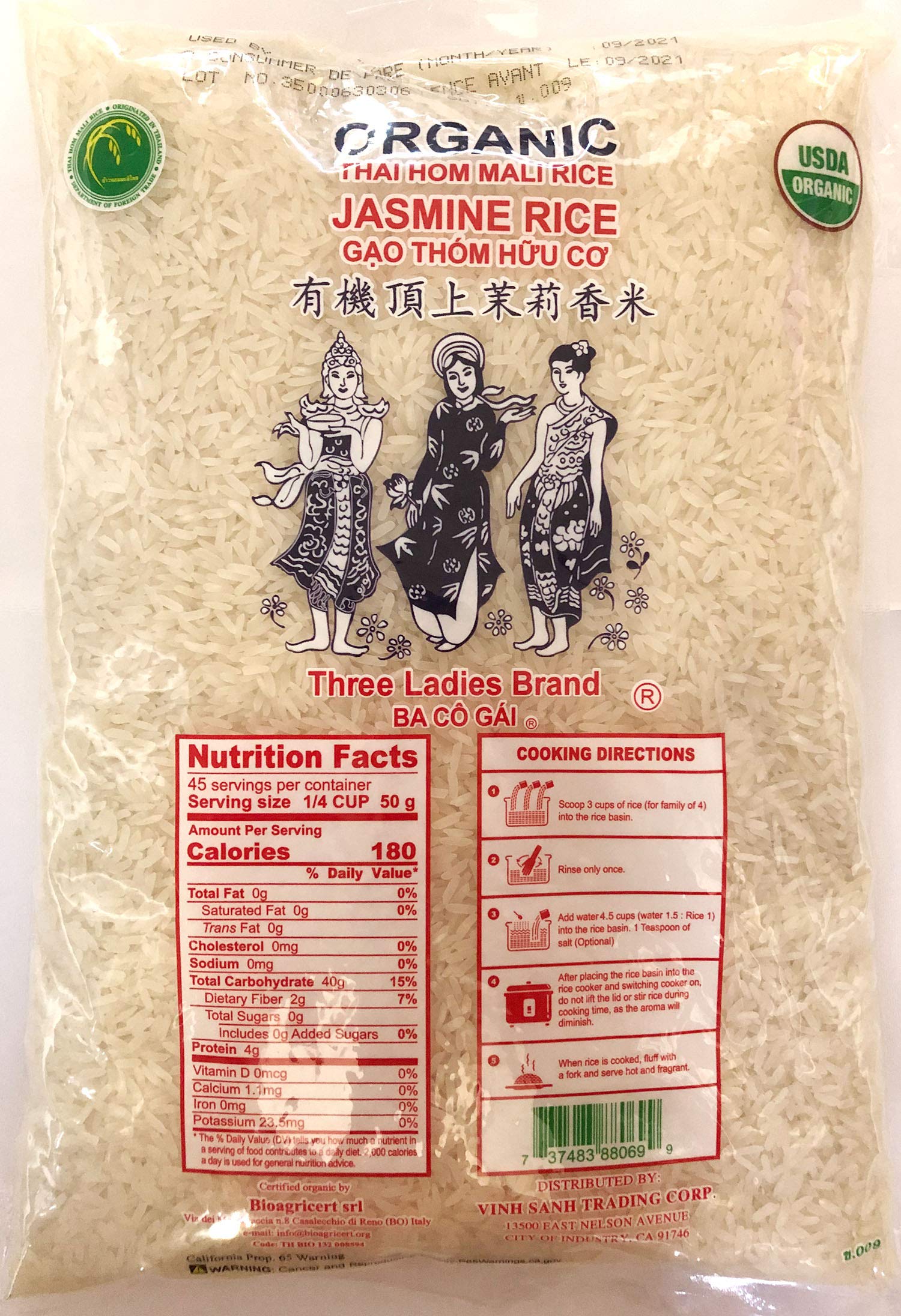 Three Ladies USDA Organic Thai Long Grain Jasmine Rice 5 Pounds, Product of Thailand