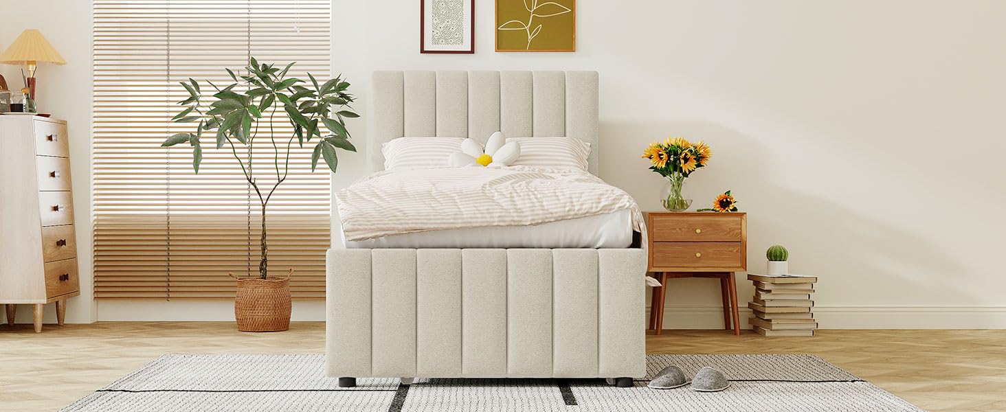 HABUHOME Upholstered Platform Bed, Twin Size Wooden Bed Frame with Pull-Out Twin Size Trundle and 3 Drawers, Wood Slat Support, No Box Spring Needed, Linen Fabric, Beige