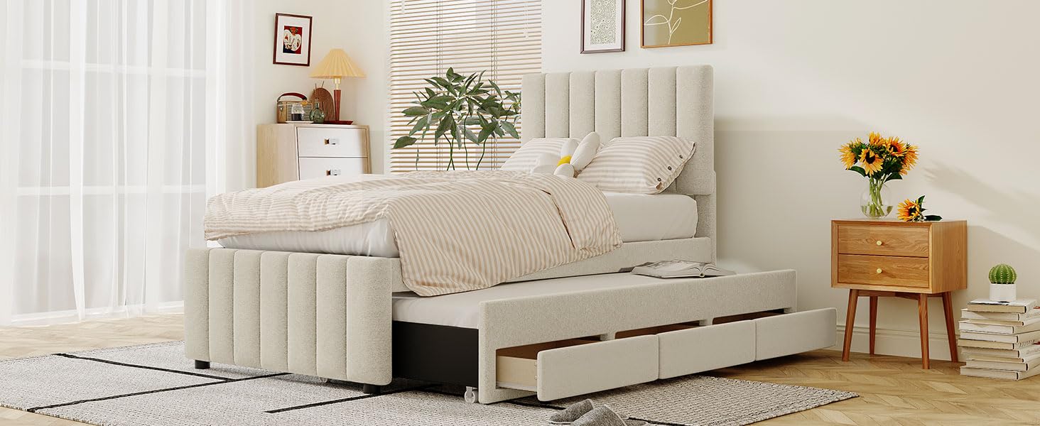 HABUHOME Upholstered Platform Bed, Twin Size Wooden Bed Frame with Pull-Out Twin Size Trundle and 3 Drawers, Wood Slat Support, No Box Spring Needed, Linen Fabric, Beige