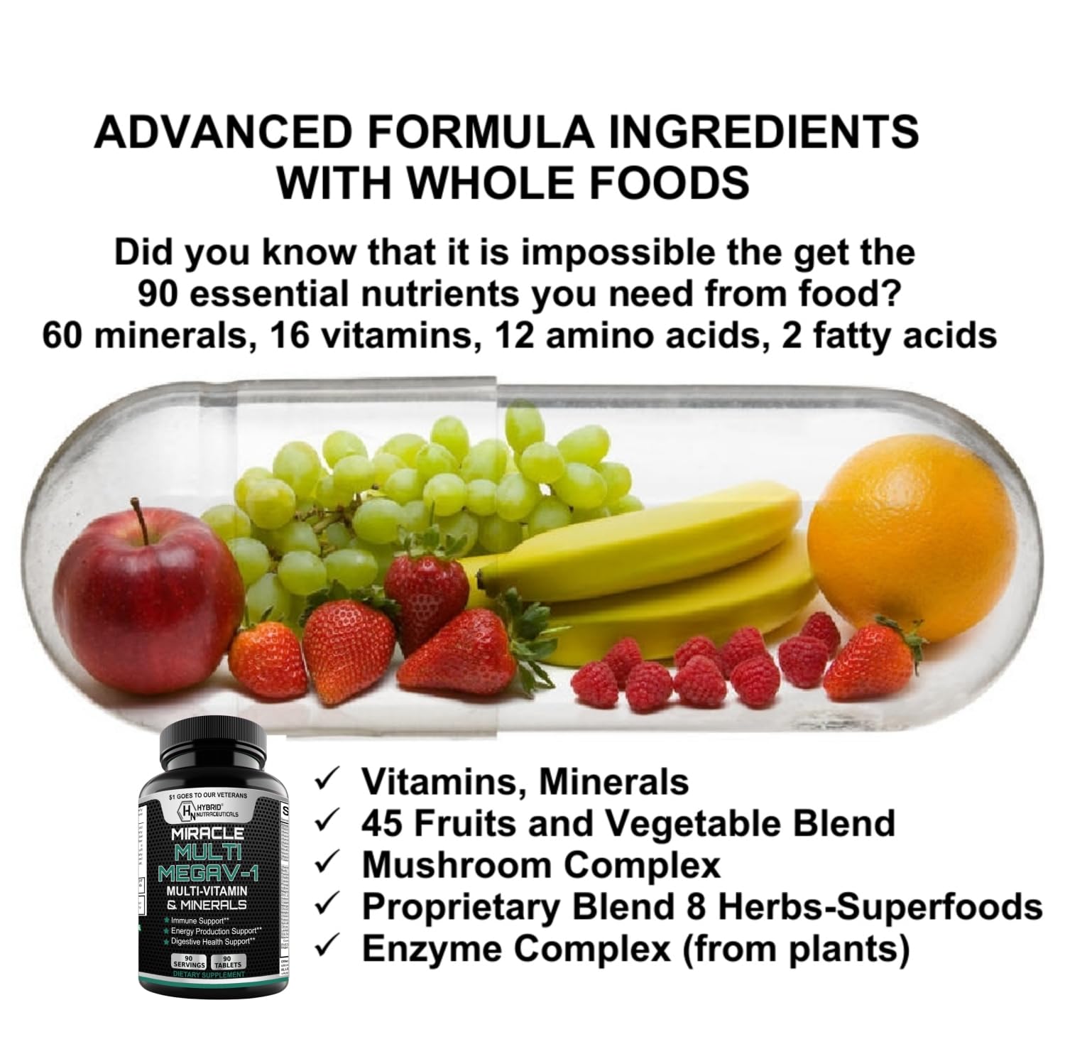 MEGAV-1 Multi-Vitamin, Superfood & Minerals - Daily Multivitamin with Probiotics, Digestive Enzyme, Mushroom Complex for Heart Health, Immune Support, Energy & Stamina: 2-Pack, 180 Tablets