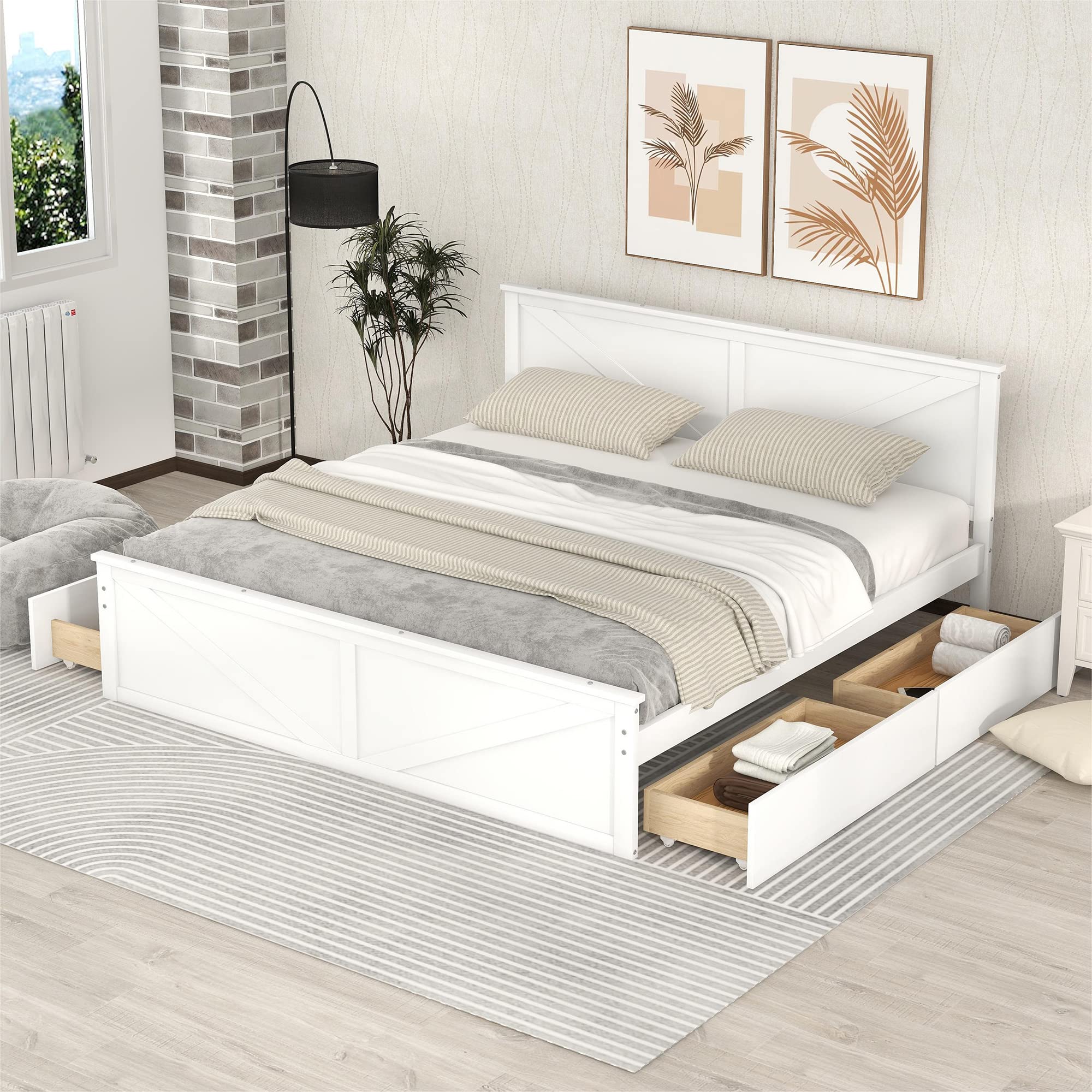 BIADNBZ King Size Wooden Platform Bed Frame with Headboard,Four Storage Drawers and Support Legs for Bedroom Guest Room,No Box Spring Needed,White