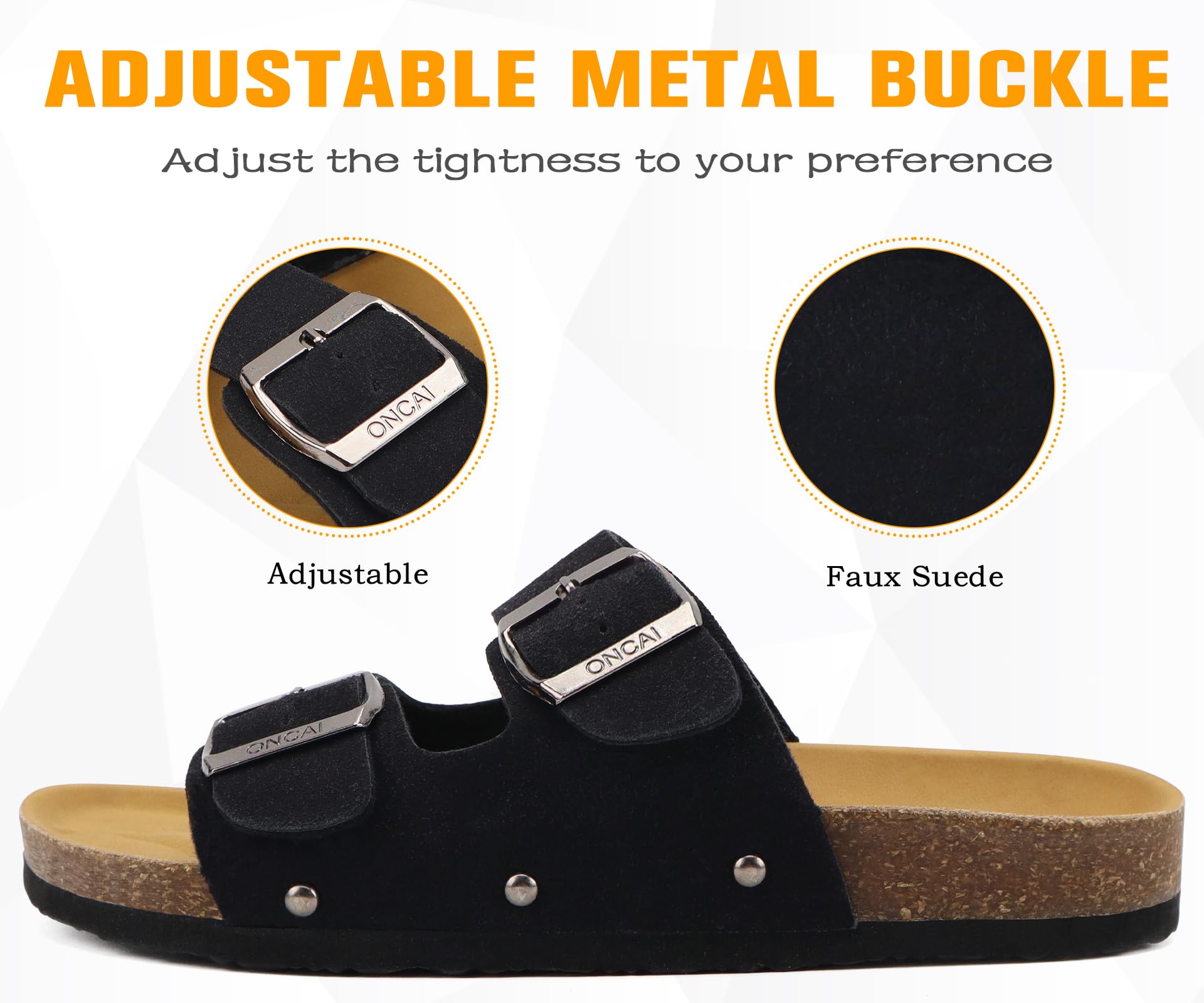 ONCAI Womens Comfortable Sandals Knock Off Clogs Sandals Women Dressy Summer Flat with Arch Support Two Strap Slip On Adjustable Buckle Slides Shoes for Women Black Size 8.5