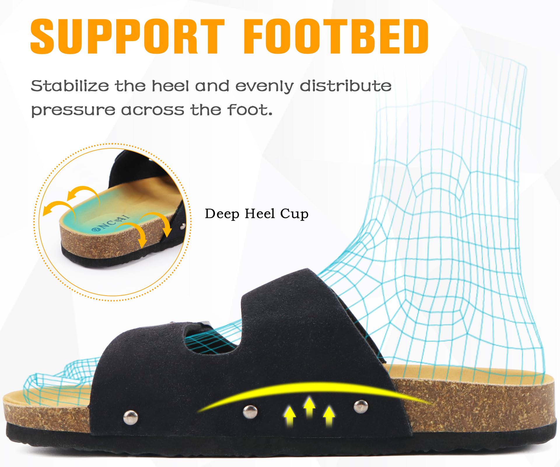 ONCAI Womens Comfortable Sandals Knock Off Clogs Sandals Women Dressy Summer Flat with Arch Support Two Strap Slip On Adjustable Buckle Slides Shoes for Women Black Size 8.5