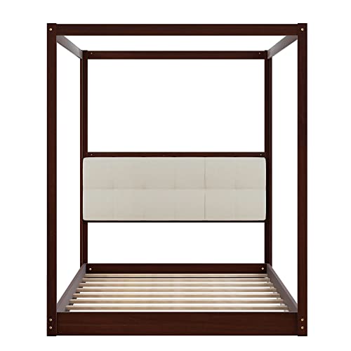 DOLPRNE Modern Queen Size Wooden Canopy Platform Bed with Upholstered Headboard,Multiple Choice for Kids Teen Adults Bedroom,Box Spring Not Required,Espresso