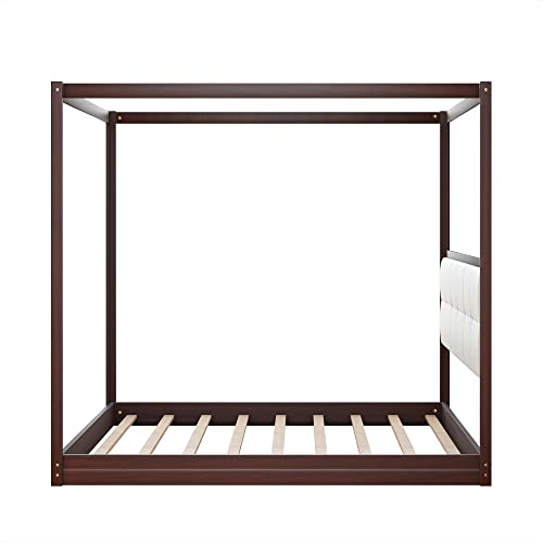 DOLPRNE Modern Queen Size Wooden Canopy Platform Bed with Upholstered Headboard,Multiple Choice for Kids Teen Adults Bedroom,Box Spring Not Required,Espresso