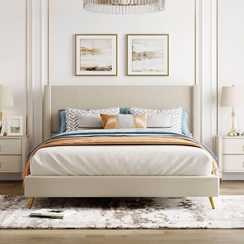 Queen Bed Frame Upholstered Platform with Headboard, Strong Frame and Wooden Slats Support, Corduroy Fabric Wrap, Non-Slip and Noise-Free,No Box Spring Needed, Easy Assembly (Beige)