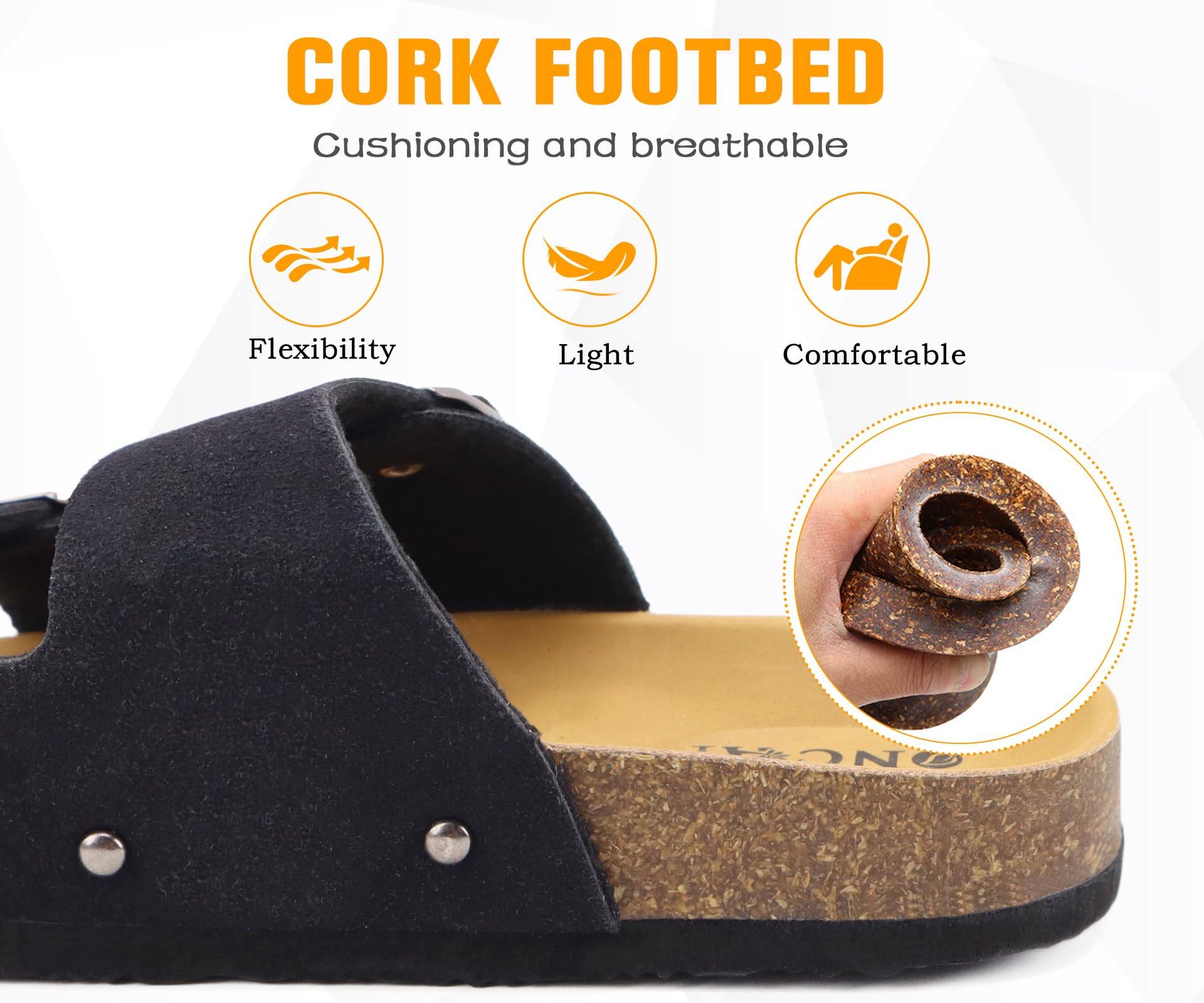 ONCAI Womens Comfortable Sandals Knock Off Clogs Sandals Women Dressy Summer Flat with Arch Support Two Strap Slip On Adjustable Buckle Slides Shoes for Women Black Size 8.5
