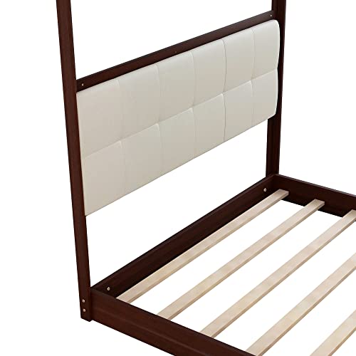 DOLPRNE Modern Queen Size Wooden Canopy Platform Bed with Upholstered Headboard,Multiple Choice for Kids Teen Adults Bedroom,Box Spring Not Required,Espresso