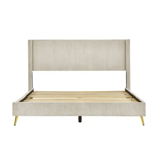 Queen Bed Frame Upholstered Platform with Headboard, Strong Frame and Wooden Slats Support, Corduroy Fabric Wrap, Non-Slip and Noise-Free,No Box Spring Needed, Easy Assembly (Beige)