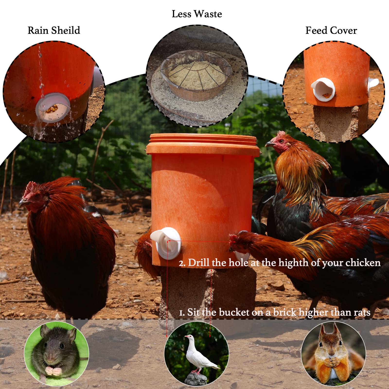 Chicken Feeder and Waterer Kit, 6 PCS Poultry Feeders No Waste and Chicken Water Cups for Buckets Barrels