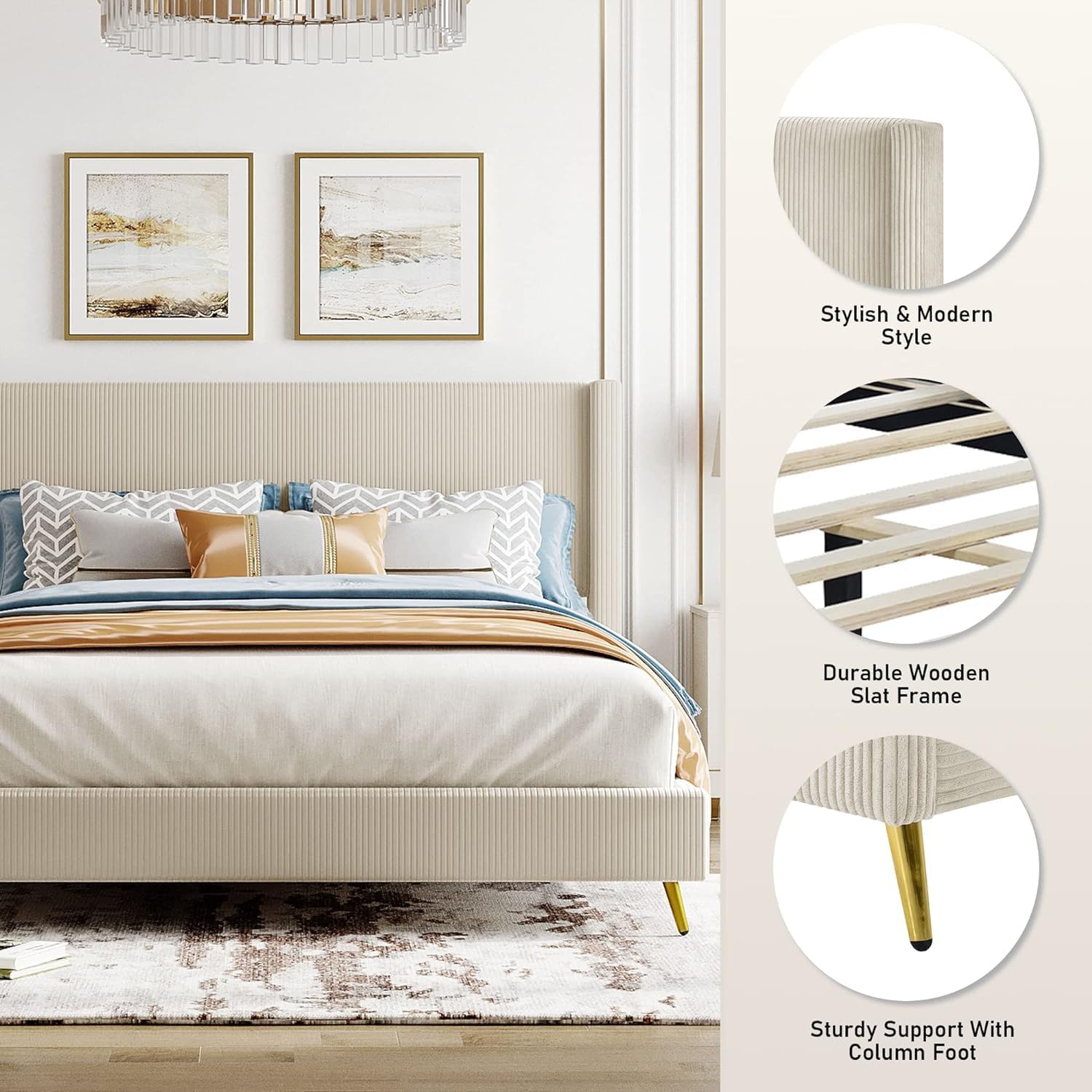 Queen Bed Frame Upholstered Platform with Headboard, Strong Frame and Wooden Slats Support, Corduroy Fabric Wrap, Non-Slip and Noise-Free,No Box Spring Needed, Easy Assembly (Beige)