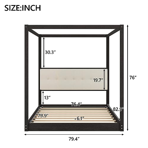 DOLPRNE Modern King Size Wooden Canopy Platform Bed with Upholstered Headboard,Multiple Choice for Kids Teen Adults Bedroom,Box Spring Not Required,Espresso