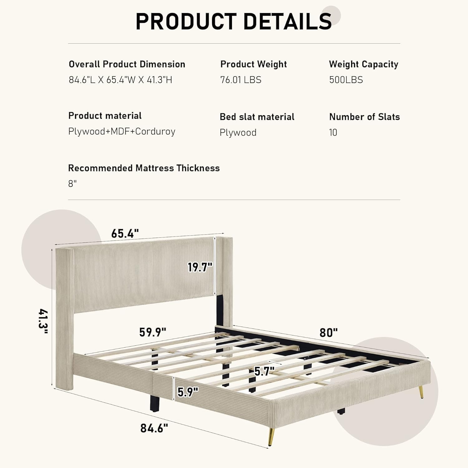 Queen Bed Frame Upholstered Platform with Headboard, Strong Frame and Wooden Slats Support, Corduroy Fabric Wrap, Non-Slip and Noise-Free,No Box Spring Needed, Easy Assembly (Beige)