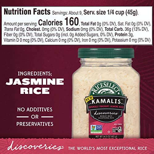 RiceSelect Discoveries Kamalis Intensely Fragrant Jasmine Rice, Gluten-Free, Non-GMO, Vegan, 14.5 Ounce Jar
