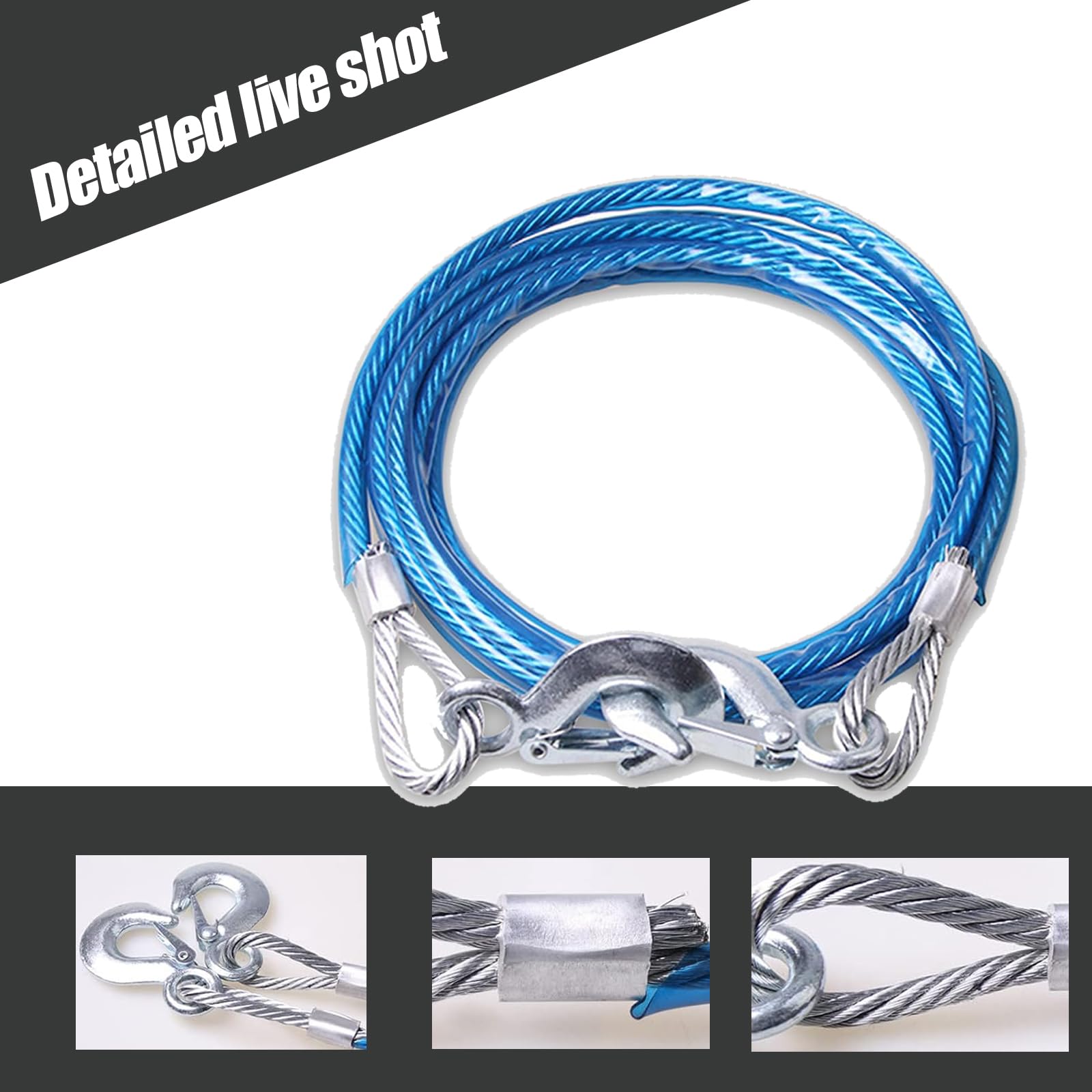 cueclue 1 PC Heavy Duty Car Towing Cable with Hooks, 13.1Ft x 0.3In Metal Portable Durable Vehicle Winch Cable, Universal Automotive Wire Rope Accessories for Tow Truck Wrecker Rollback SUV (Blue)