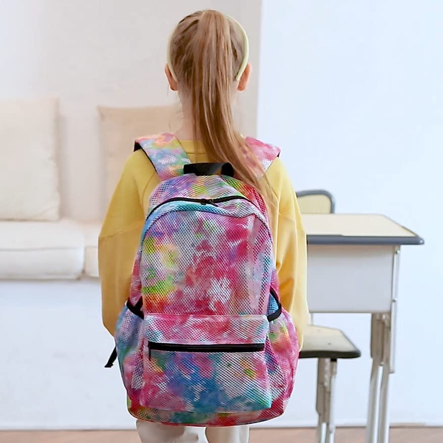 LEDAOU Mesh Backpack for Kids Girls Semi-Transparent Mesh School Backpack Bookbag Lightweight Casual Daypacks for Beach Gym Travel (Tie Dye Orange)