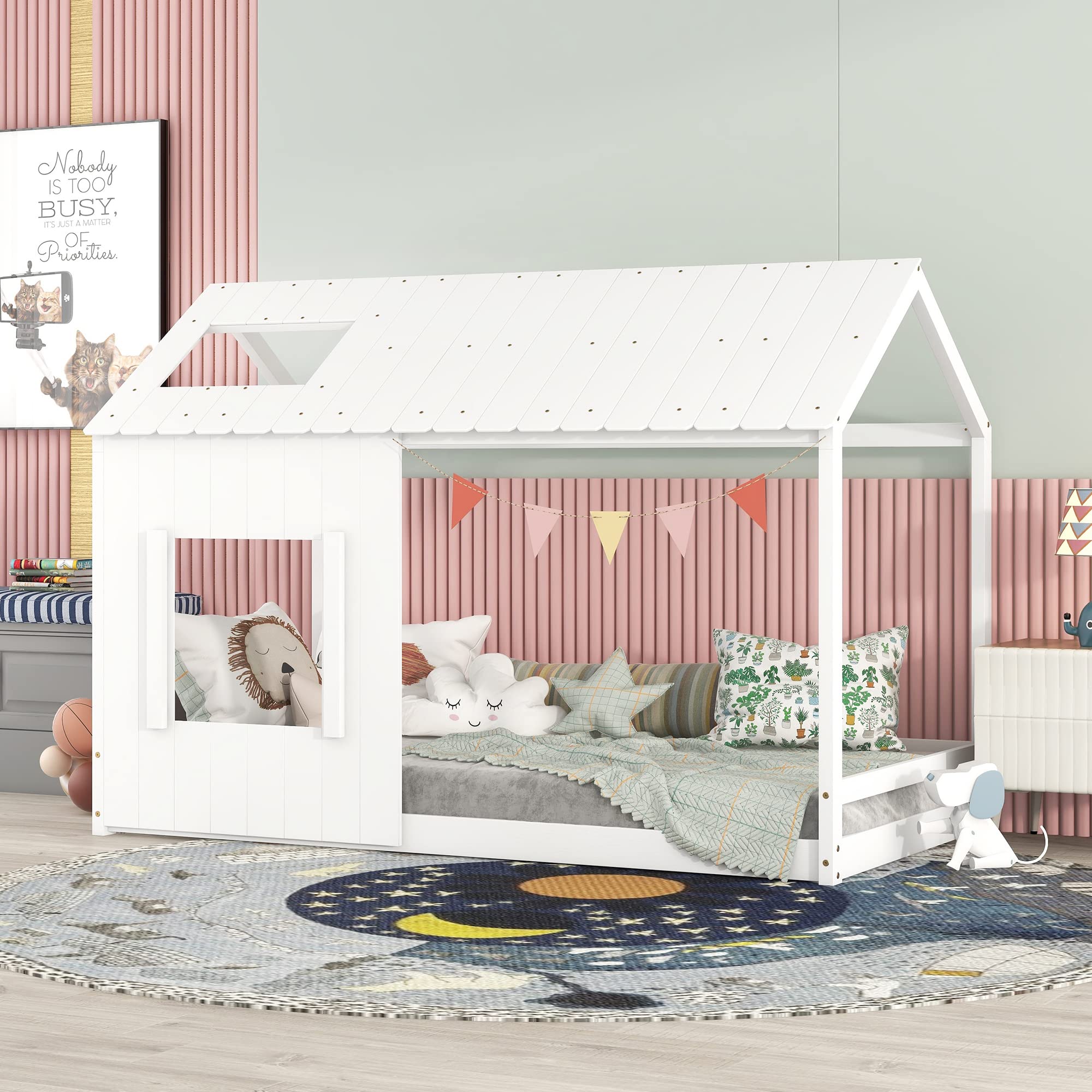GINGVAT Twin Size Wooden House Bed with Roof and Window, Wood Bedframe Furniture,White