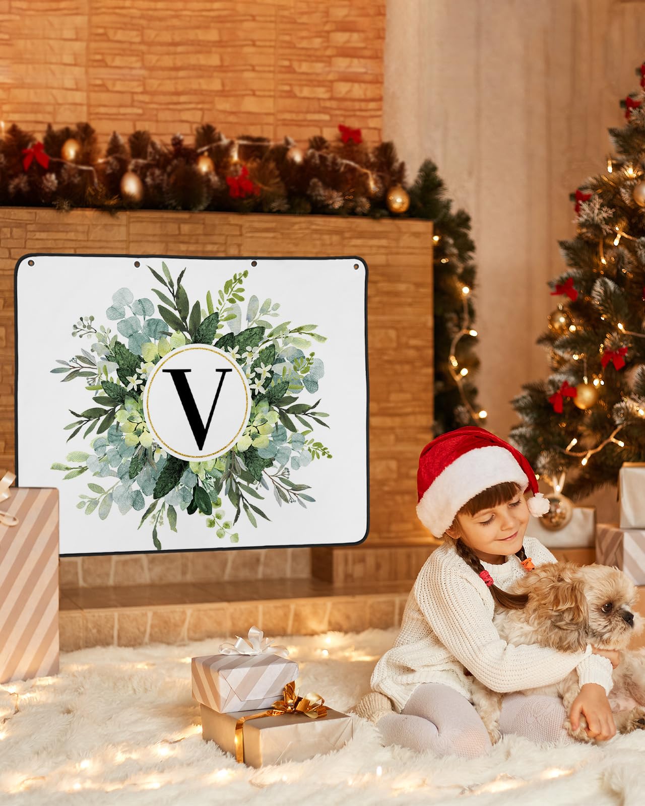 Fireplace Screen Decorative Durable Magnetic Fireplace Cover Baby Proof Fireplace Draft Blocker Letter V, Farmhouse Eucalyptus Wreath Fireplace Blanket for Summer Winter Save Energy,39x32 Inch