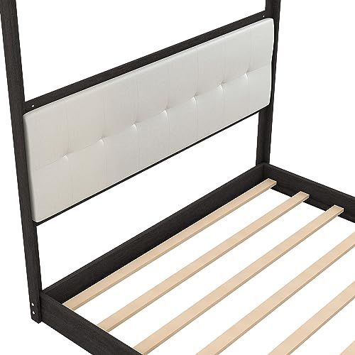 DOLPRNE Modern King Size Wooden Canopy Platform Bed with Upholstered Headboard,Multiple Choice for Kids Teen Adults Bedroom,Box Spring Not Required,Espresso