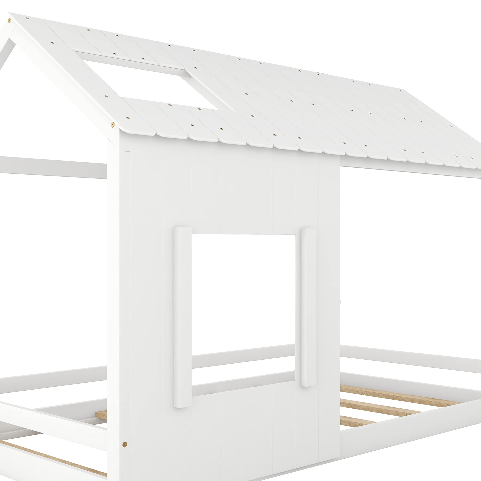 GINGVAT Twin Size Wooden House Bed with Roof and Window, Wood Bedframe Furniture,White