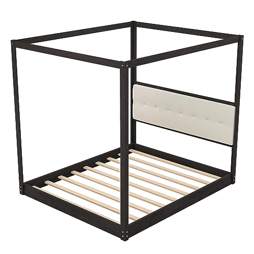 DOLPRNE Modern King Size Wooden Canopy Platform Bed with Upholstered Headboard,Multiple Choice for Kids Teen Adults Bedroom,Box Spring Not Required,Espresso