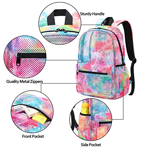 LEDAOU Mesh Backpack for Kids Girls Semi-Transparent Mesh School Backpack Bookbag Lightweight Casual Daypacks for Beach Gym Travel (Tie Dye Orange)