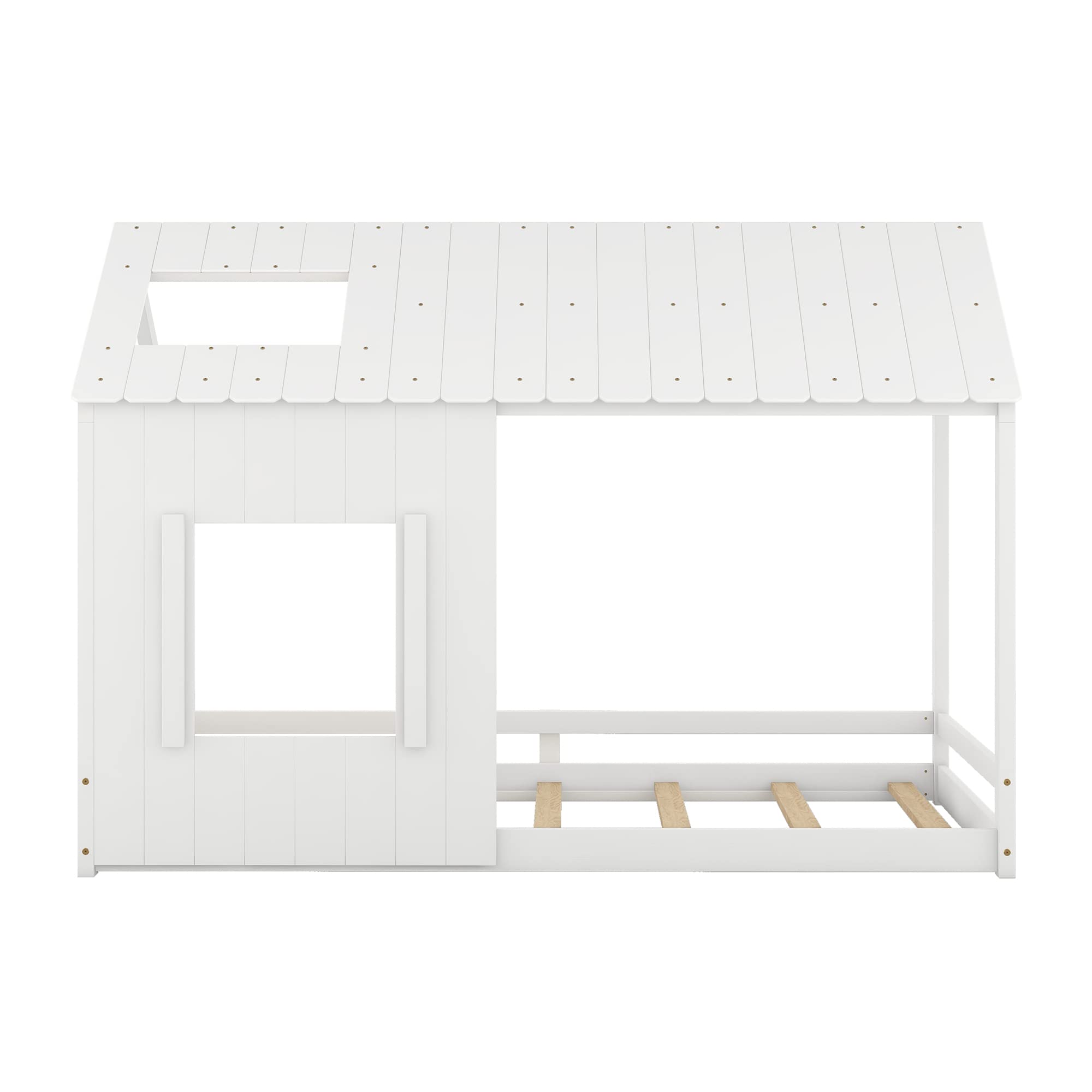 GINGVAT Twin Size Wooden House Bed with Roof and Window, Wood Bedframe Furniture,White