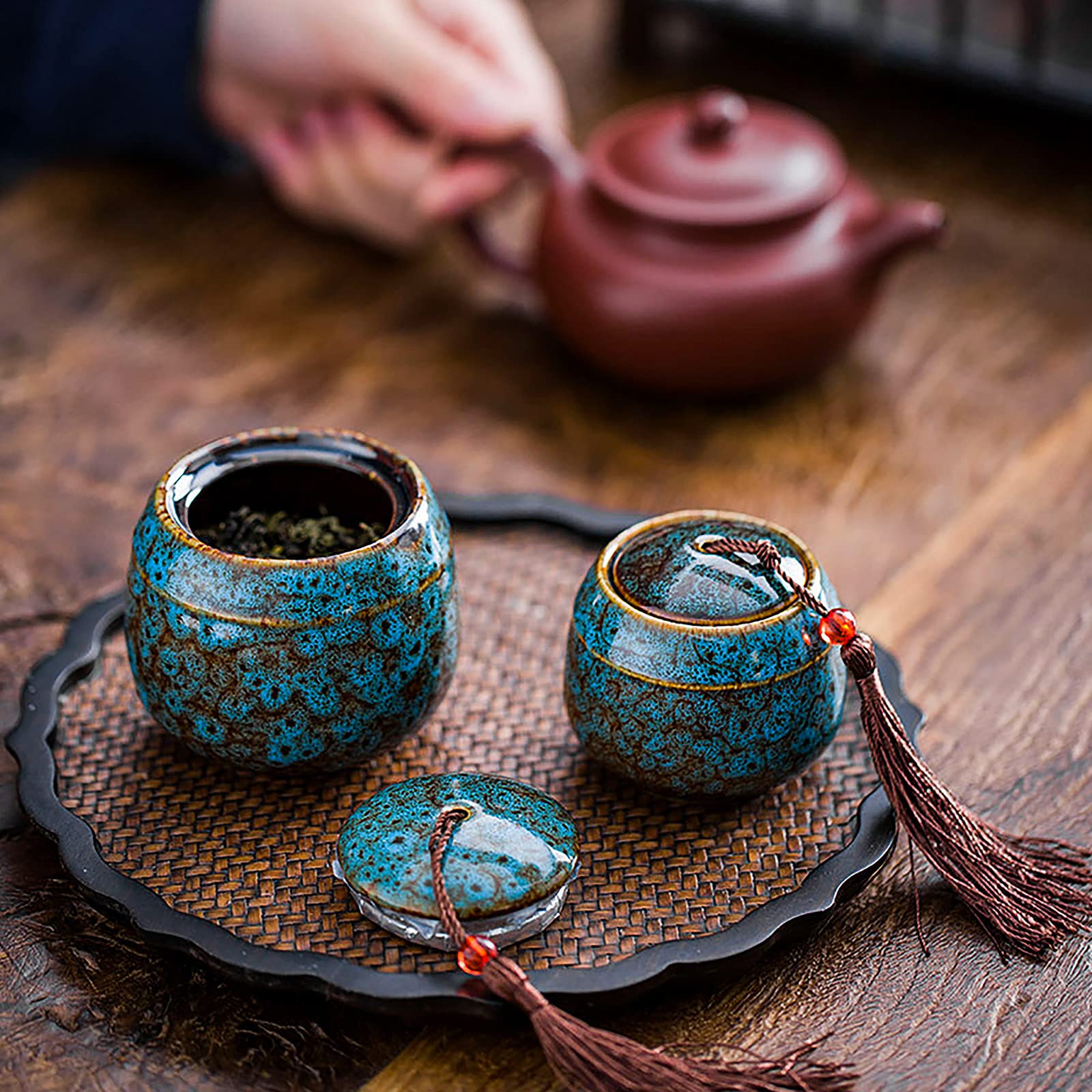 BLLREMIPSUR 2 PCS Ceramic Canister for Loose Leaf Tea, Beautiful Chinese Style Tea Containers with Tassel, Small Tea Coffee Sugar Storage Organizer