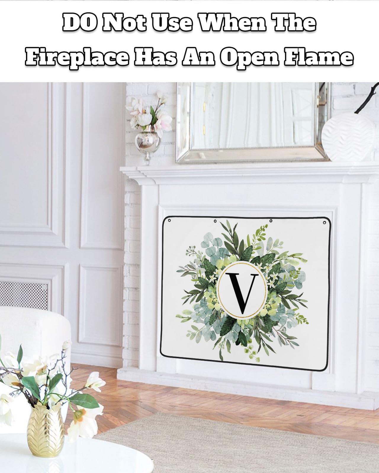 Fireplace Screen Decorative Durable Magnetic Fireplace Cover Baby Proof Fireplace Draft Blocker Letter V, Farmhouse Eucalyptus Wreath Fireplace Blanket for Summer Winter Save Energy,39x32 Inch