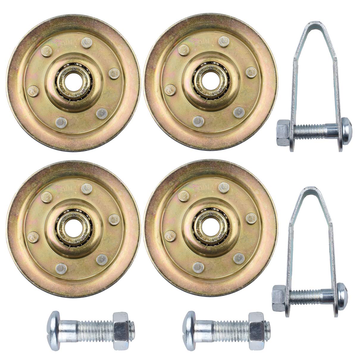 Heavy Duty Garage Door 3" Pulley Kits, 3/8" bore 200LB Load Rating, Kits Including 2 Stationary Pulleys and 2 Rear Wheel Pulleys with Clevis Fork, 2 Bolts 3/8-16 x 2 Long and 2 Serrated Flange Nuts