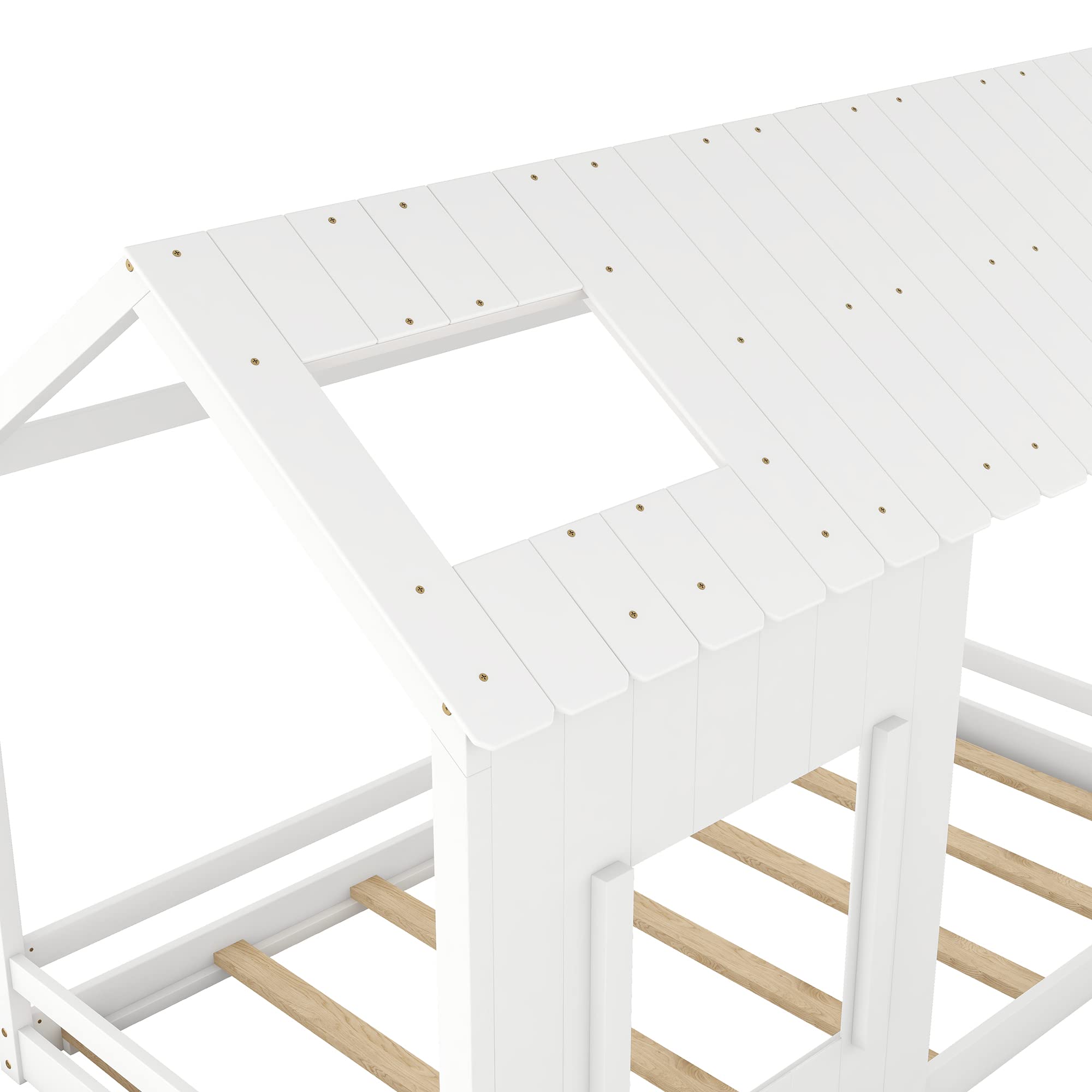 GINGVAT Twin Size Wooden House Bed with Roof and Window, Wood Bedframe Furniture,White