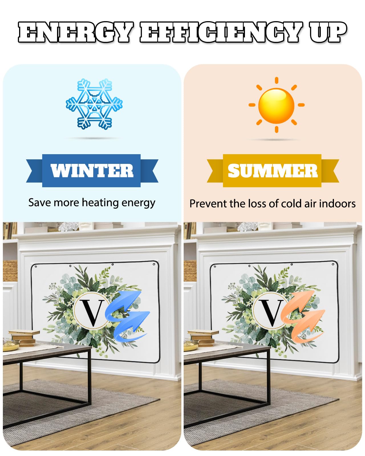 Fireplace Screen Decorative Durable Magnetic Fireplace Cover Baby Proof Fireplace Draft Blocker Letter V, Farmhouse Eucalyptus Wreath Fireplace Blanket for Summer Winter Save Energy,39x32 Inch