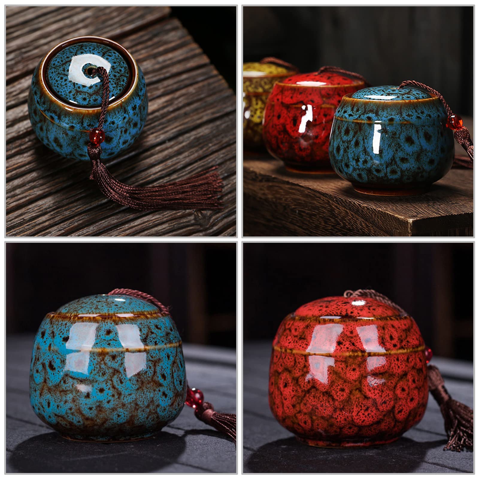 BLLREMIPSUR 2 PCS Ceramic Canister for Loose Leaf Tea, Beautiful Chinese Style Tea Containers with Tassel, Small Tea Coffee Sugar Storage Organizer