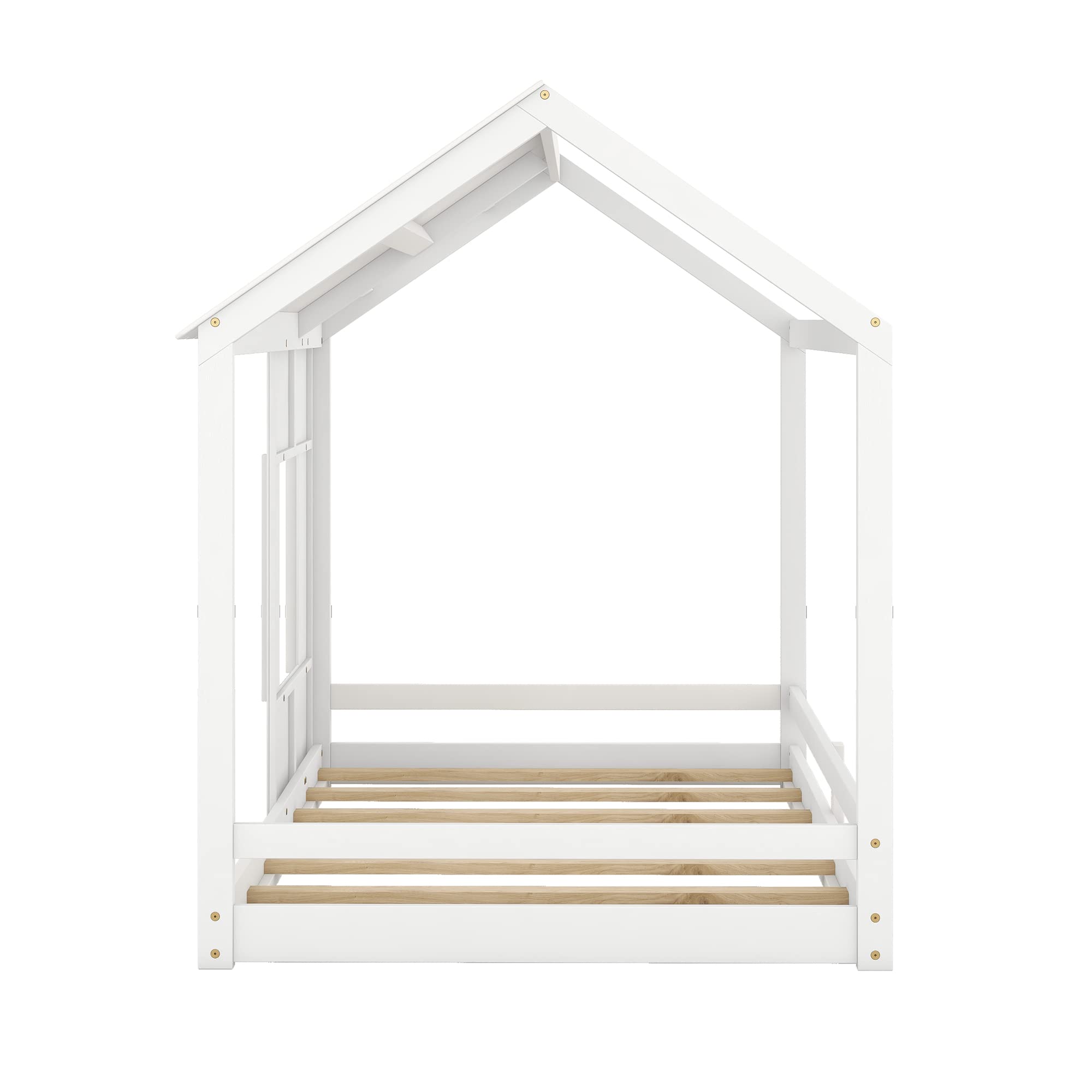 GINGVAT Twin Size Wooden House Bed with Roof and Window, Wood Bedframe Furniture,White