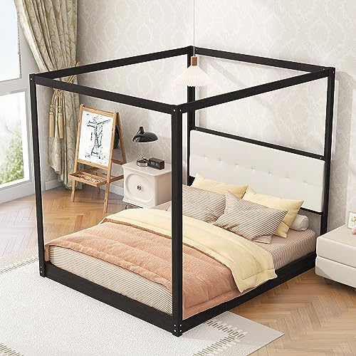 DOLPRNE Modern King Size Wooden Canopy Platform Bed with Upholstered Headboard,Multiple Choice for Kids Teen Adults Bedroom,Box Spring Not Required,Espresso