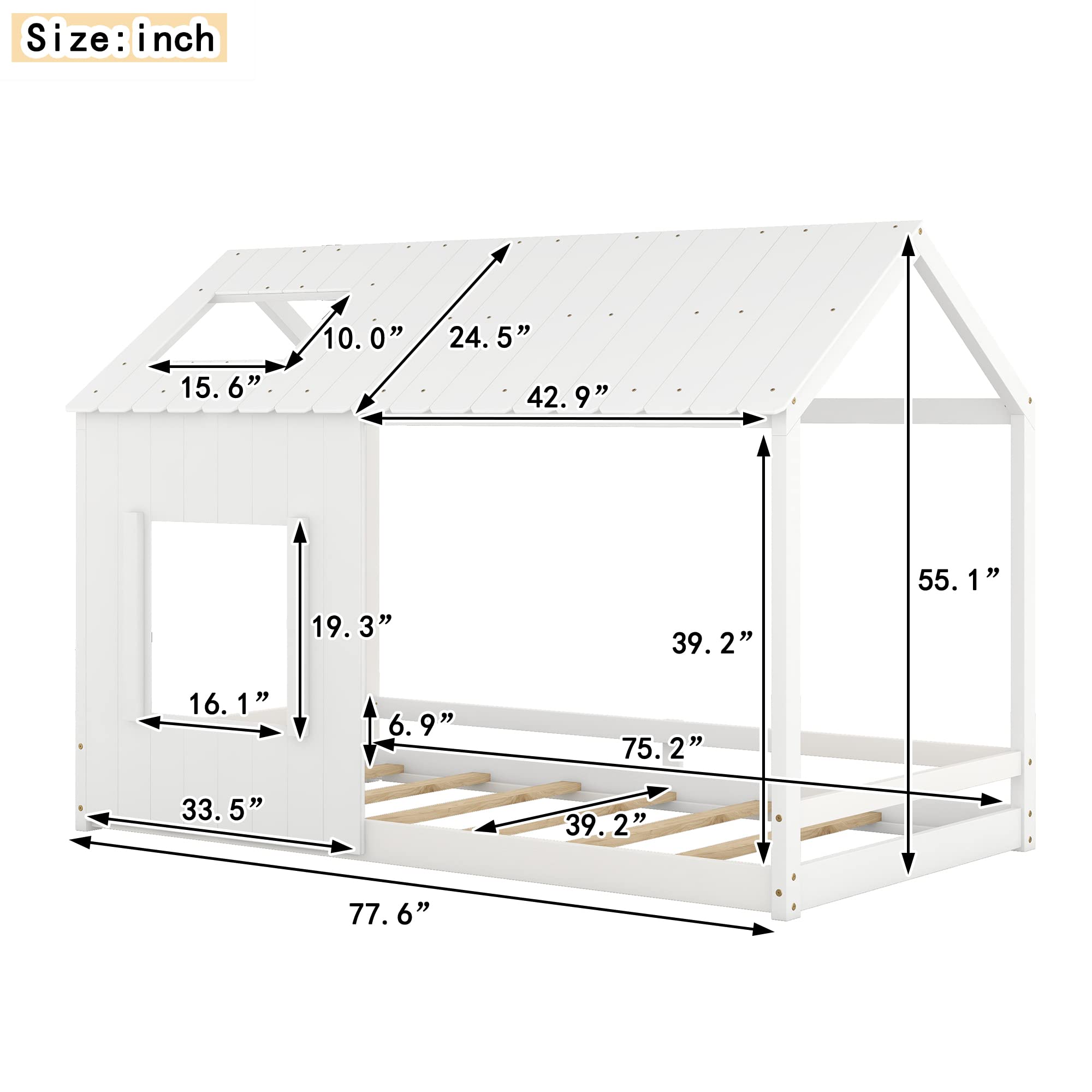 GINGVAT Twin Size Wooden House Bed with Roof and Window, Wood Bedframe Furniture,White