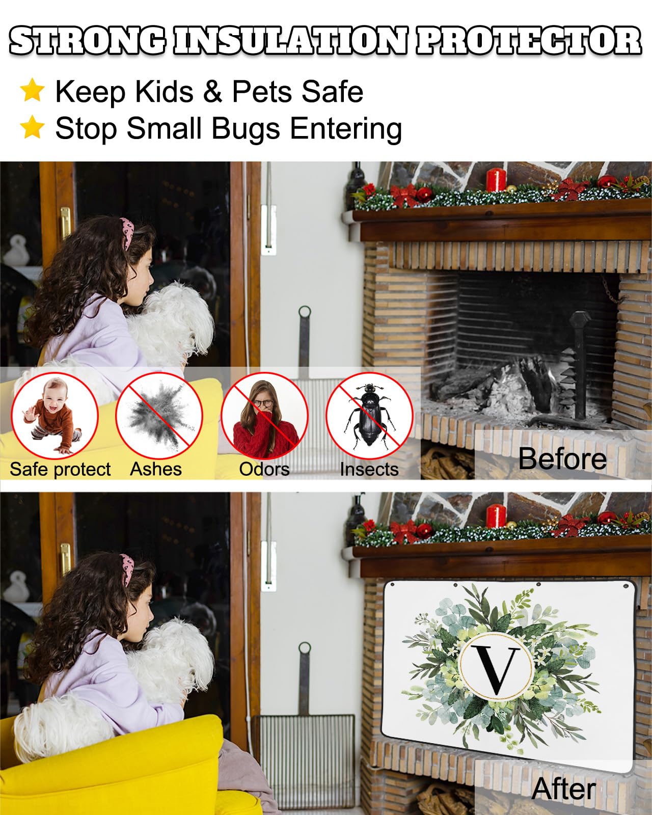 Fireplace Screen Decorative Durable Magnetic Fireplace Cover Baby Proof Fireplace Draft Blocker Letter V, Farmhouse Eucalyptus Wreath Fireplace Blanket for Summer Winter Save Energy,39x32 Inch