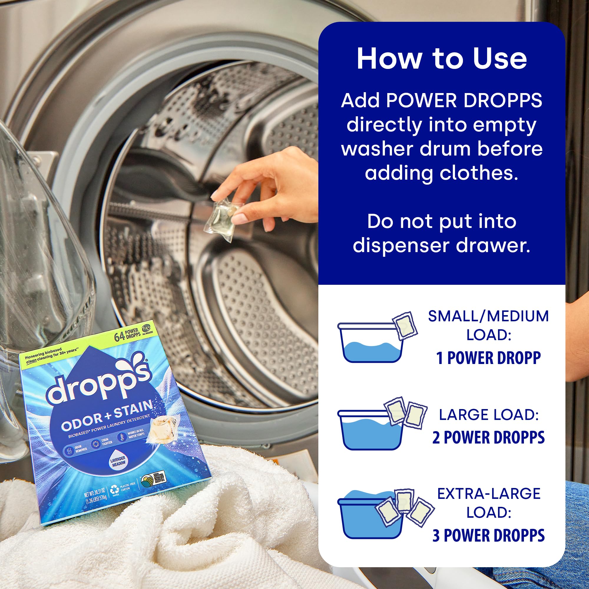 Dropps Odor & Stain Biobased Power Laundry Detergent Pods, Crisp Breeze (64 Pods) - HE Compatible Laundry Pods for Fresh Clothes - Laundry Soap Supplies & Recyclable Paperboard Packaging