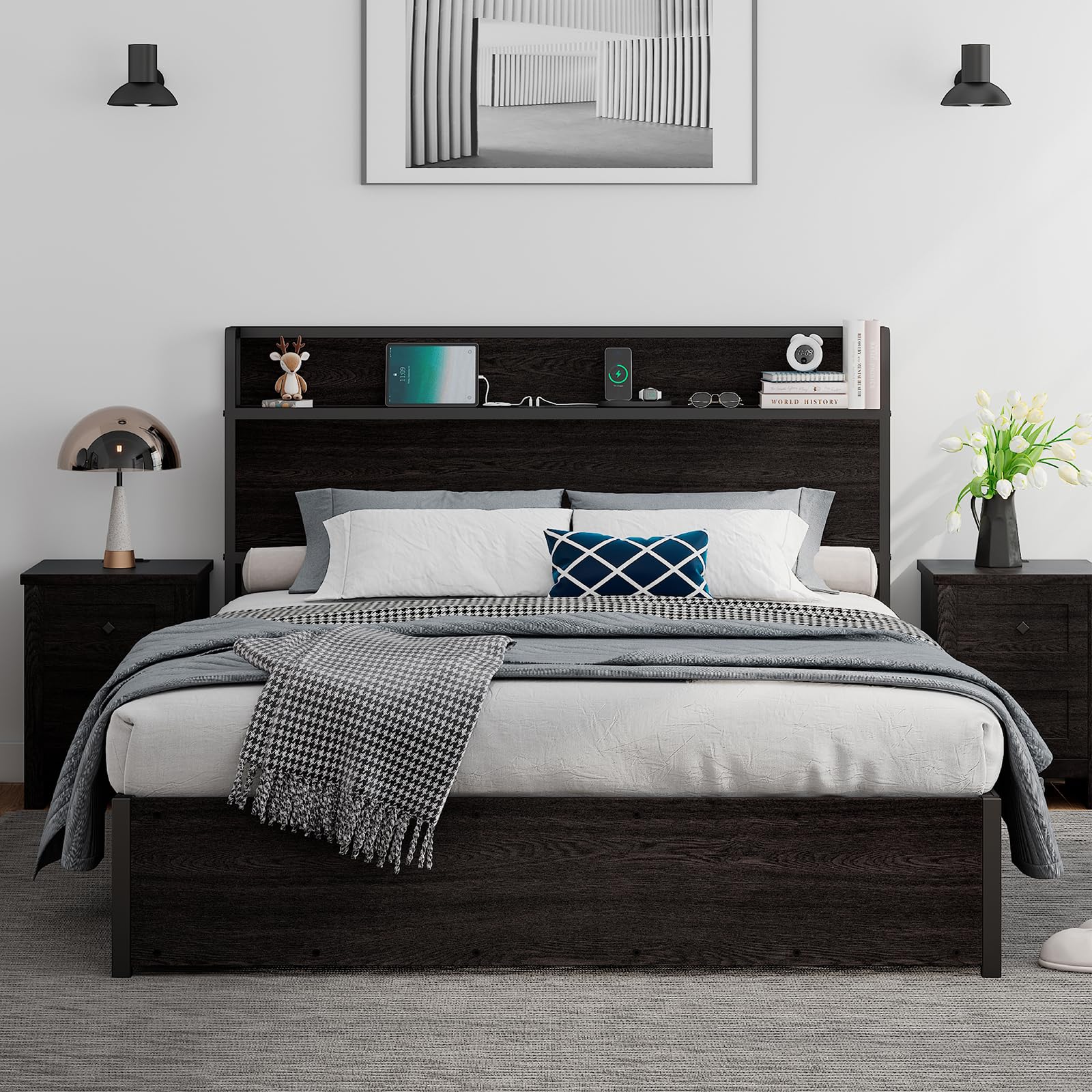 LUXOAK King Size Lift Up Storage Bed, Wood Platform Bed Frame with Storage Headboard & Charging Station, No Box Spring Needed, Easy Assembly, Black