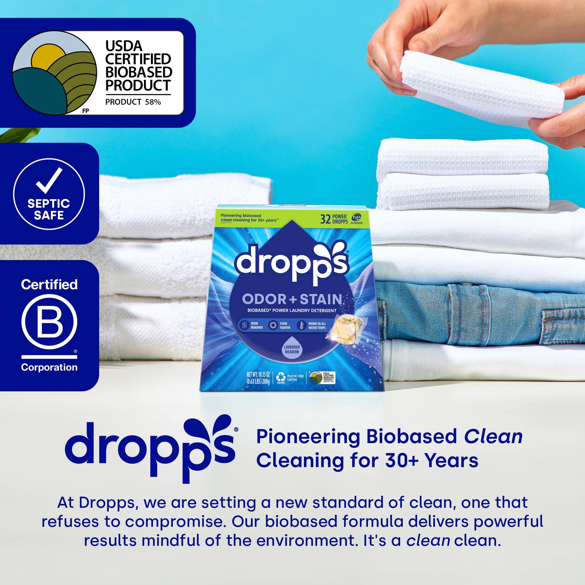 Dropps Odor & Stain Biobased Power Laundry Detergent Pods, Crisp Breeze (64 Pods) - HE Compatible Laundry Pods for Fresh Clothes - Laundry Soap Supplies & Recyclable Paperboard Packaging