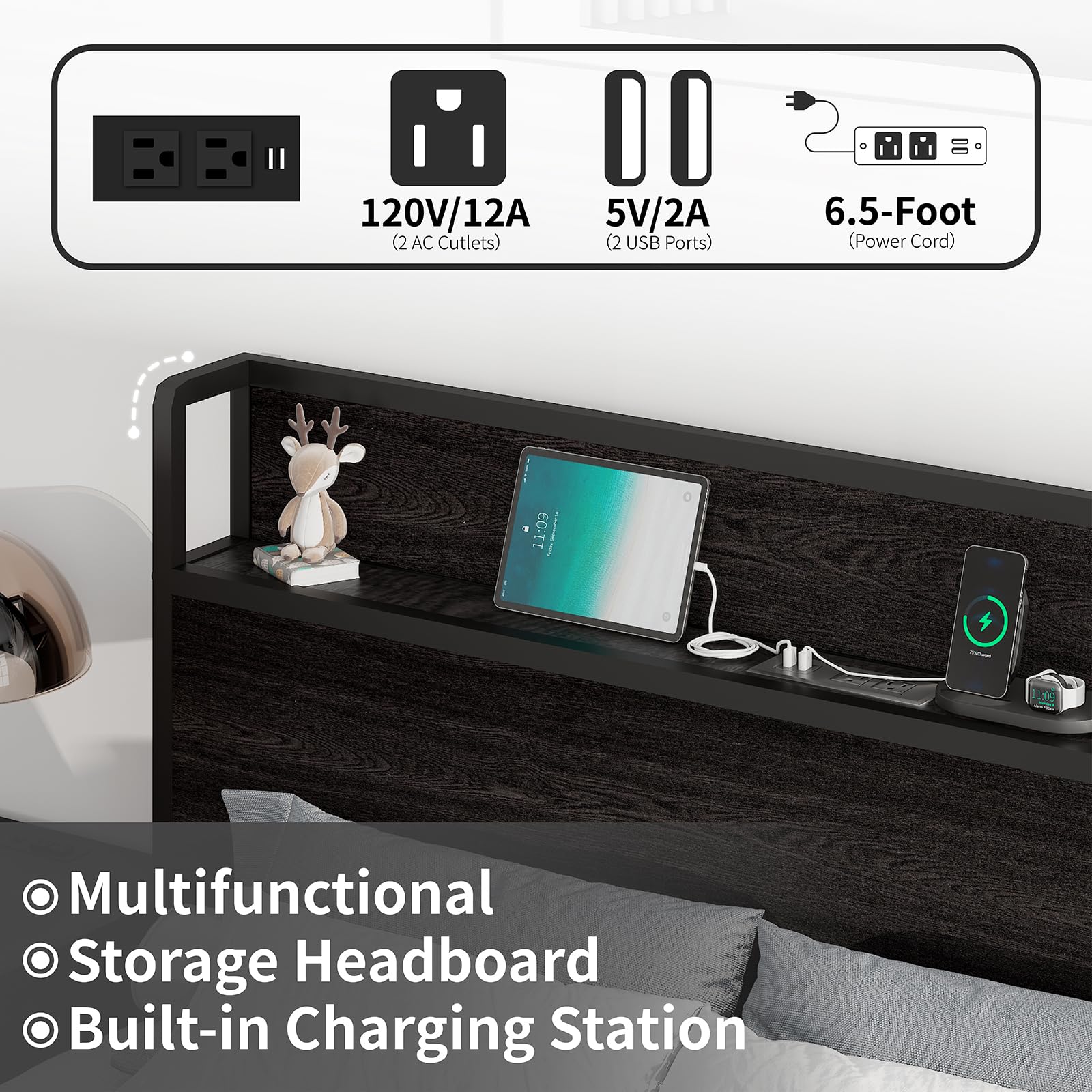 LUXOAK King Size Lift Up Storage Bed, Wood Platform Bed Frame with Storage Headboard & Charging Station, No Box Spring Needed, Easy Assembly, Black