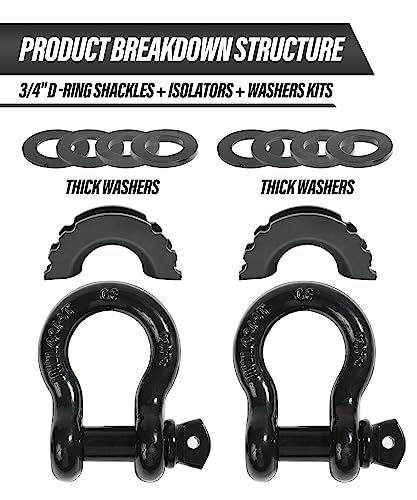 Reswish ESEWALAS 2 Pack 3/4" Shackles,41,887Ibs Break Strength with 7/8" Screw Pin and Shackle Isolator Washers Kit,Offroad Towing Accessories,Heavy Duty D Ring Shackle (Black)