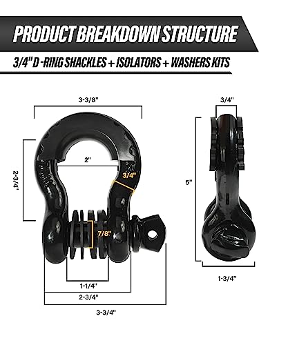 Reswish ESEWALAS 2 Pack 3/4" Shackles,41,887Ibs Break Strength with 7/8" Screw Pin and Shackle Isolator Washers Kit,Offroad Towing Accessories,Heavy Duty D Ring Shackle (Black)