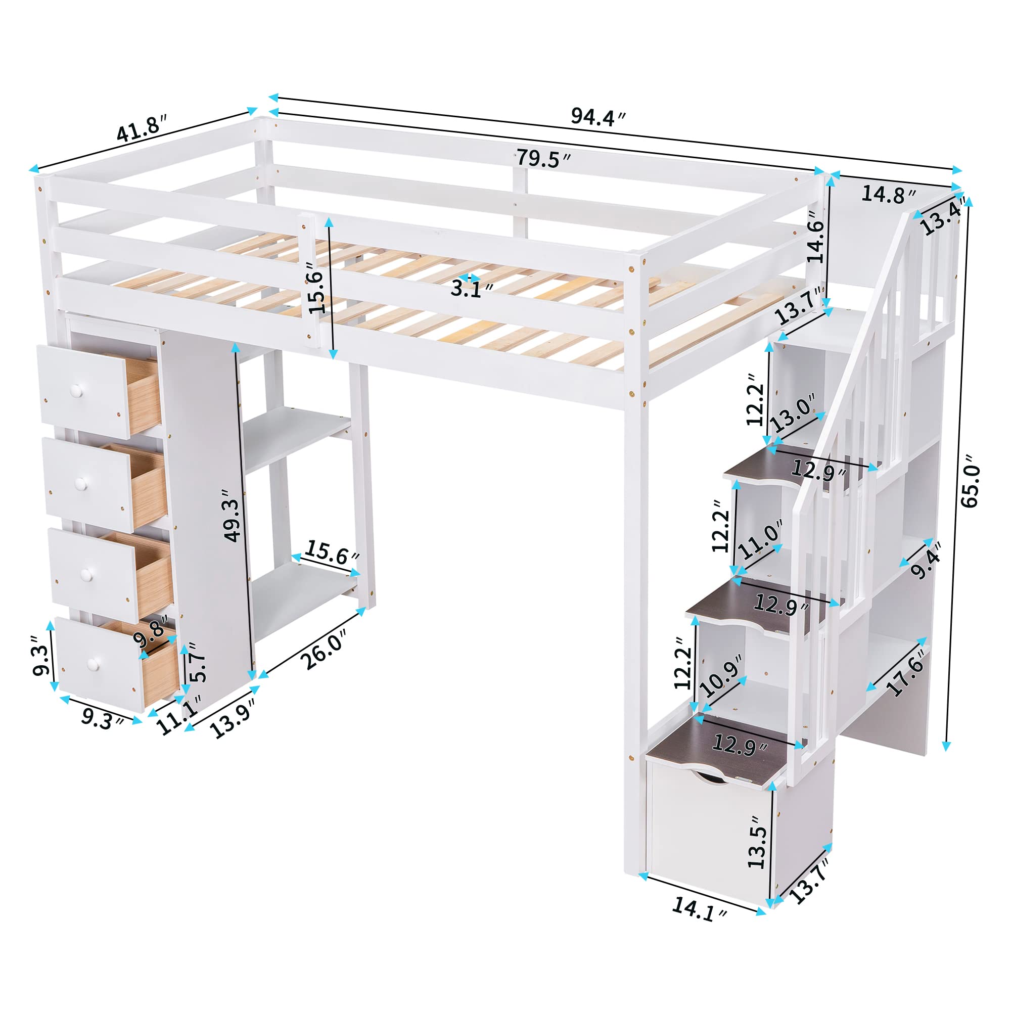 BIADNBZ Wooden Twin Size Loft Bed with Stairs, Drawers and Shelves, Multifunctional Storage LoftBed Frame for Kids Teens Adults Bedroom, White